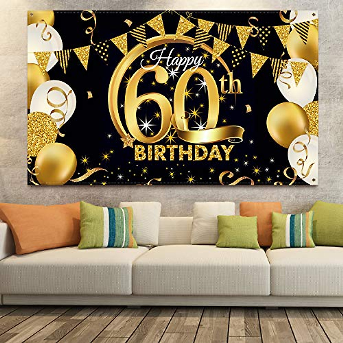 Birthday Party Decoration Extra Large Fabric Black Gold Sign Poster for Anniversary Photo Booth Backdrop Background Banner, Birthday Party Supplies, 72.8 x 43.3 Inch (60th)