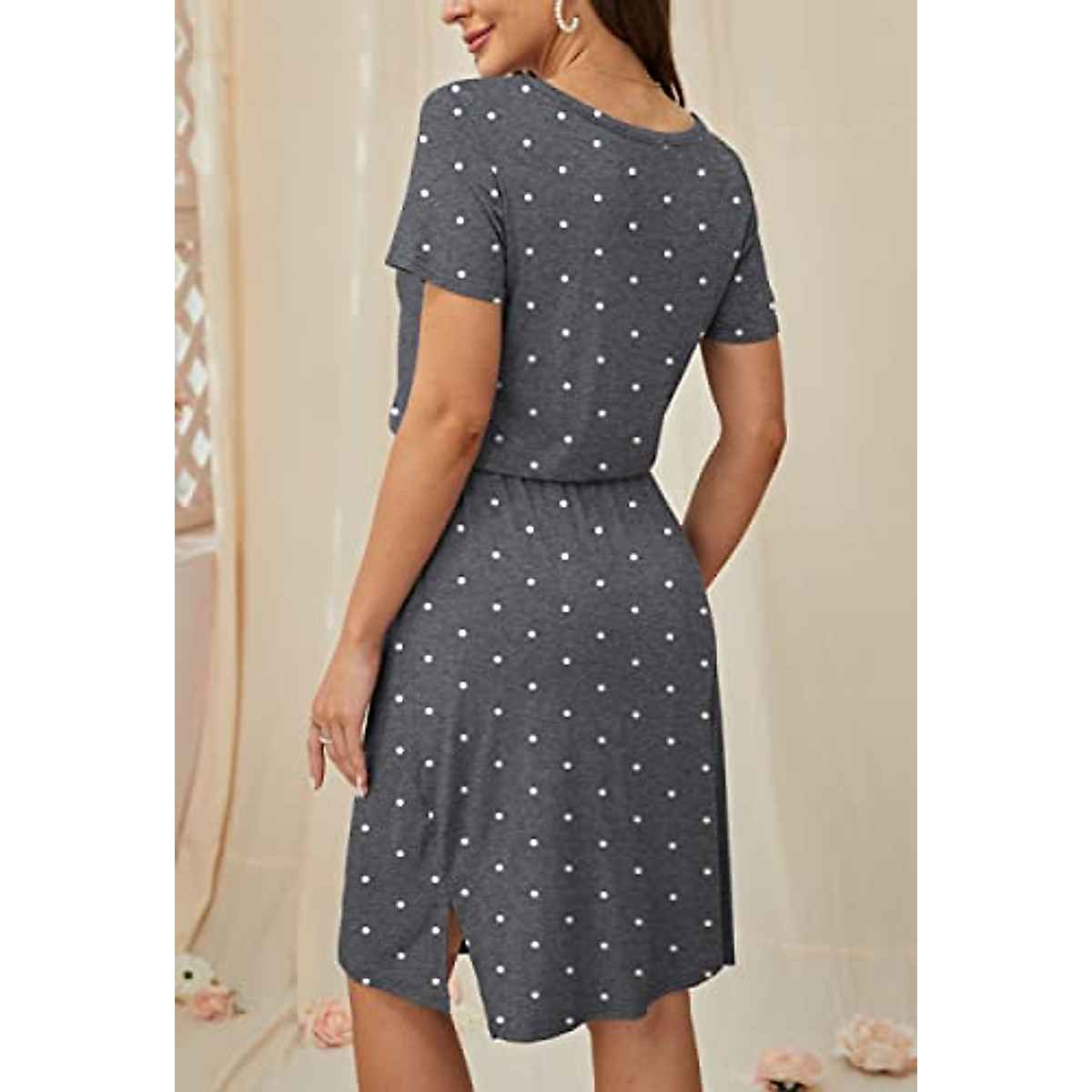 Women Summer Sleeve Pocket Modest Work Casual Midi Knee Dress Polka Dot Gray L