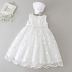 Meiqiduo Baby Girls Lace Christening Baptism Gowns Dresses with Bonnet