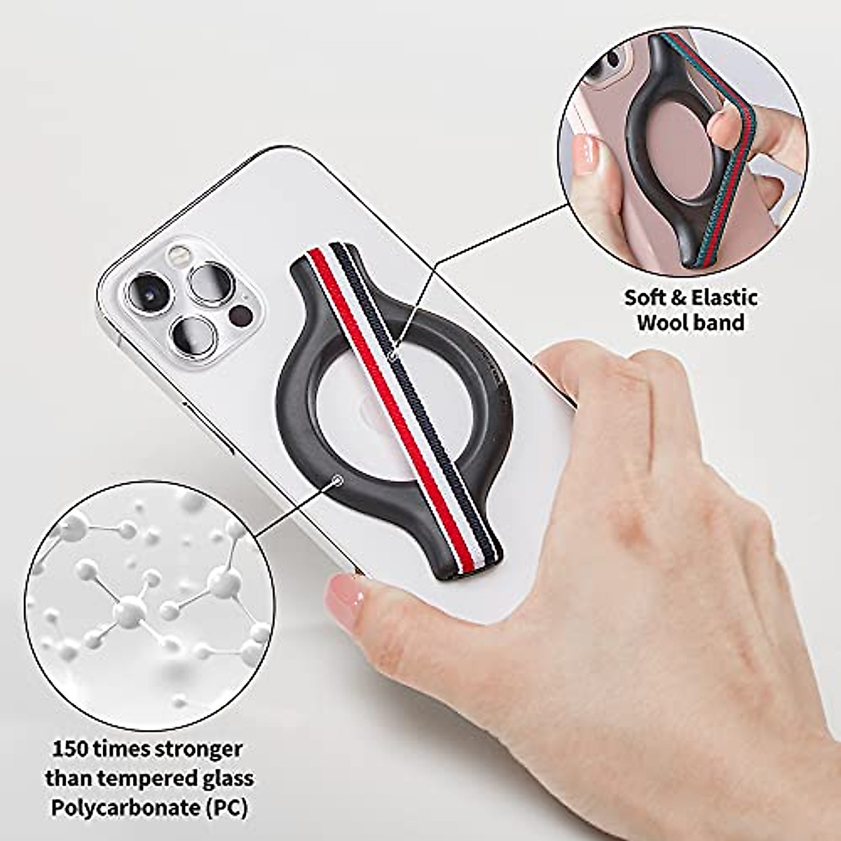 Sinjimoru Magnetic Wool-Band Phone Grip Holder for Apple MagSafe Case, Detachable Phone Grip Strap Holder for MagSafe Compatible with iPhone 15 14 13 12 Series. M-Mini Grip Black White