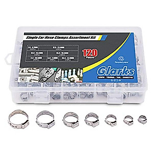 Glarks 120Pcs 7-21mm 304 Stainless Steel Single Ear Hose Clamps Assortment Kit