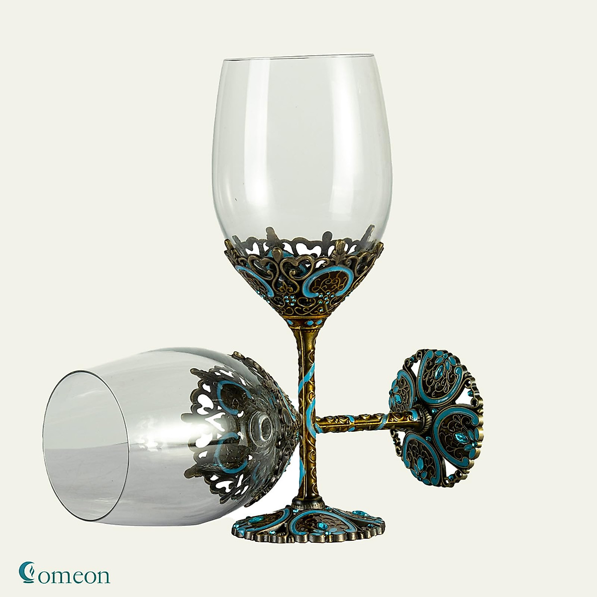 Wine Glasses Clear Handcrafted Champagne Glasses Red Wine Glasses Set of 2 Enamel Floral Goblets (Blue)