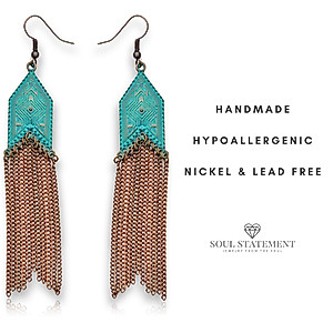 Soul Statement Western Jewelry for Women: Nashville Boho Earrings, Teal Copper & Long Bronze Tassel Chains, Country Concert and Festival Accessories