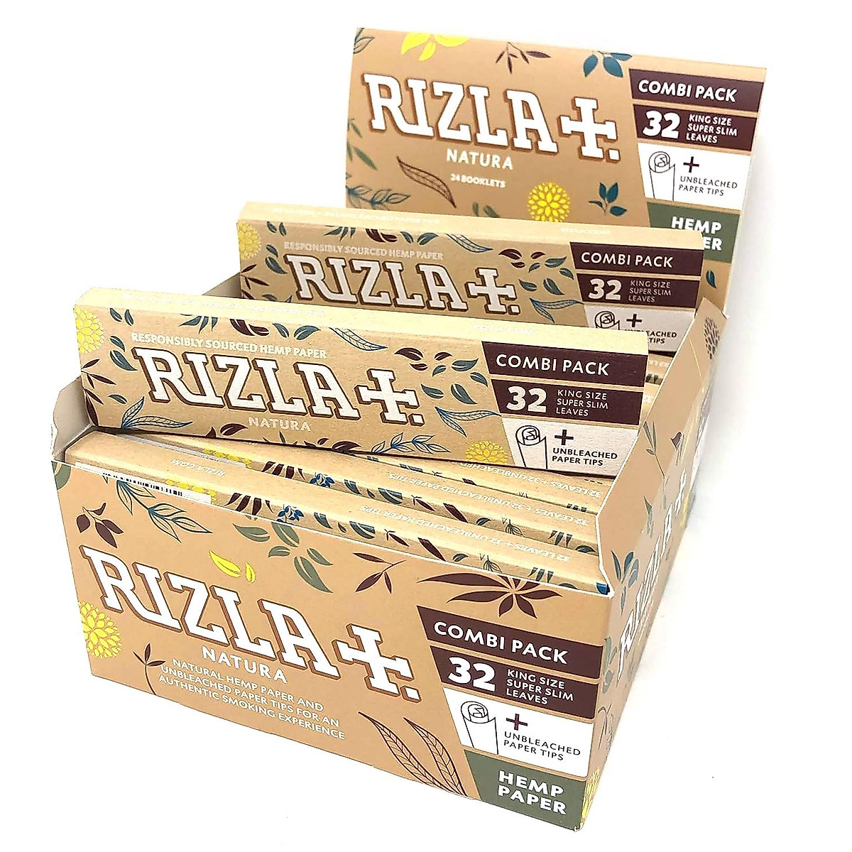 5 X RIZLA Natura Combi Pack - (32 King Size Super Slim Leaves + Unbleached Paper Tips)