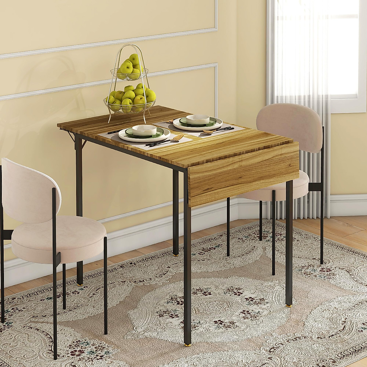 HOMCOM Industrial Folding Dining Table for 2 to 4, Space Saving Drop Leaf Kitchen Table for Small Spaces, Walnut