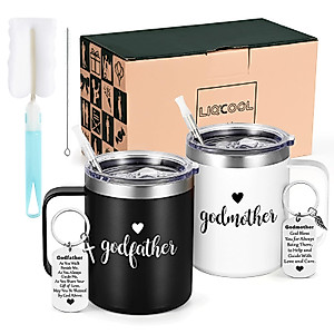 LiqCool Godparents Proposal Gift, Godmother & Godfather Mug Set with Keychain, Godparents Gift for Godmother Godfather, Will You be My Godparents Proposal, Christmas Baptism 12 Oz Black & White