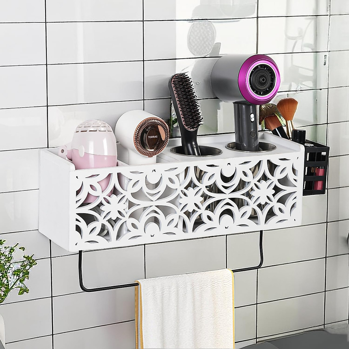 TRSPCWR Hair Tool Organizer Wall Mounted, Hair Dryer and Styling Holder with Towel Bar, Bathroom Blow Dryer Holder with Side Basket, Farmhouse Vanity Caddy Storage Stand for Accessories, Makeup