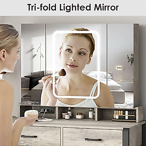 Fameill Vanity Desk with Lighted Mirror and Power Strip,Tri-Fold Mirror Makeup Vanity Table with Lights,2 Drawers Vanity Set with Hidden Storage Shelves,3 Color Lighting Modes,35.4in(L)