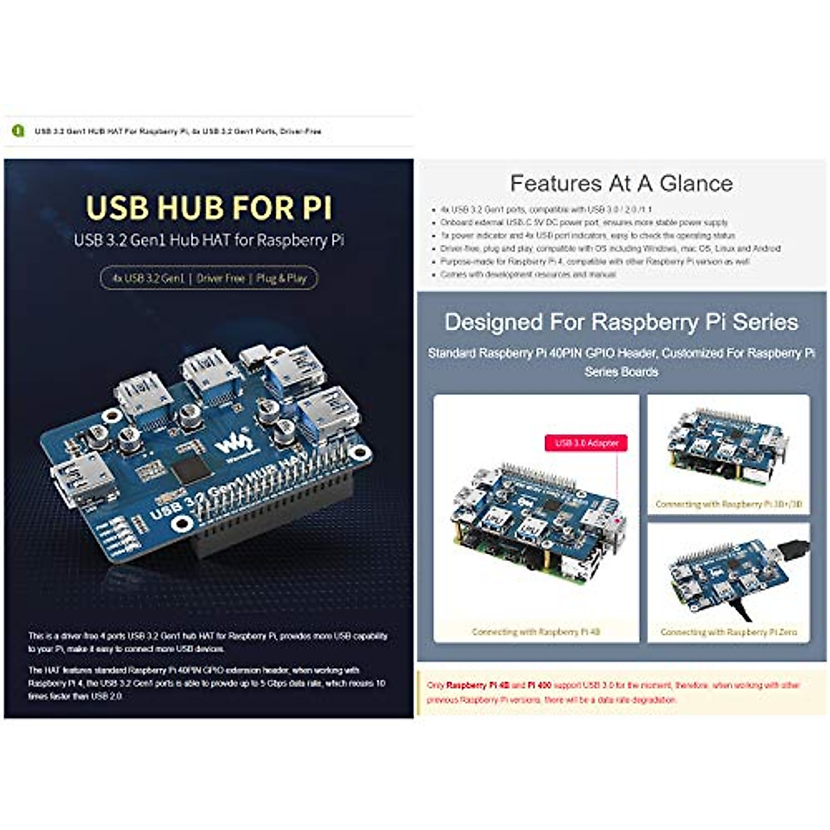 Waveshare USB 3.2 Gen1 HUB HAT, Compatible with Raspberry Pi 5/4B/3B/Zero/Zero W/Zero 2W/Pico/Pico W/Pico WH, 4X USB 3.2 Gen1 Ports, No Driver Required