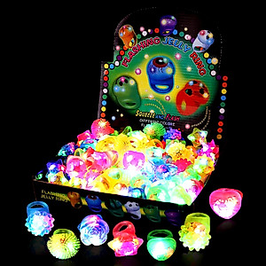 Sauyoza 38 Pack Party Favors for Kids 4-8 8-12 LED Light Up Rings Christmas Goodie Bag Stuffers Treasure Box Toys for Classroom Prizes Glow in The Dark Party Supplies for Kids Birthday Party Favors