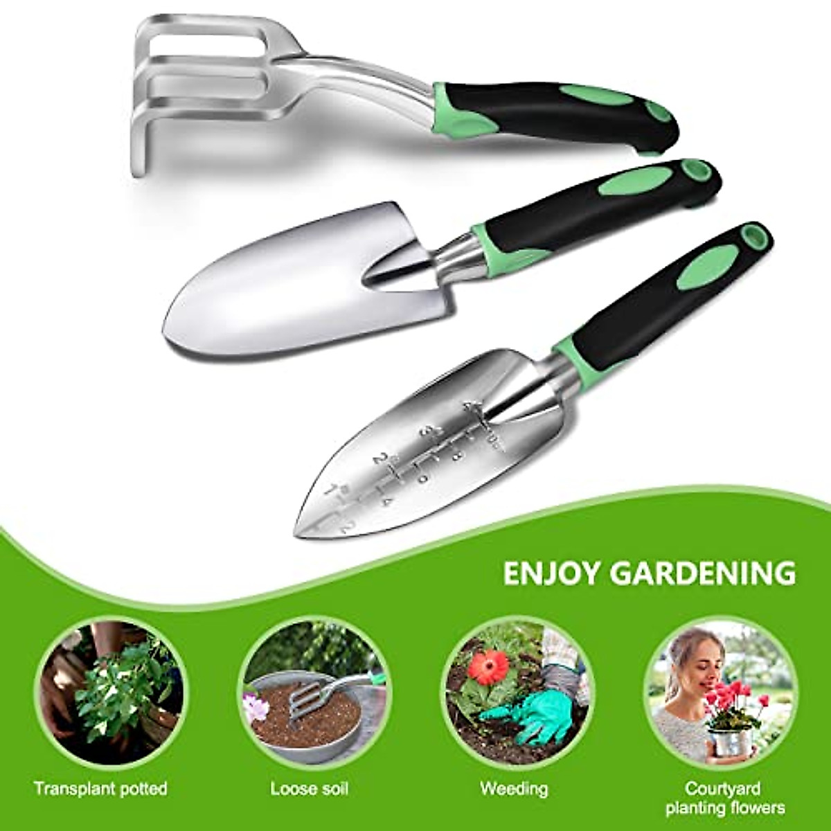 ZUZUAN Garden Tool Set, 3 Pack Aluminum Heavy Duty Gardening Kit Includes Hand Trowel, Transplant Trowel and Cultivator Hand Rake with Soft Rubberized Non-Slip Ergonomic Handle, Garden Gifts