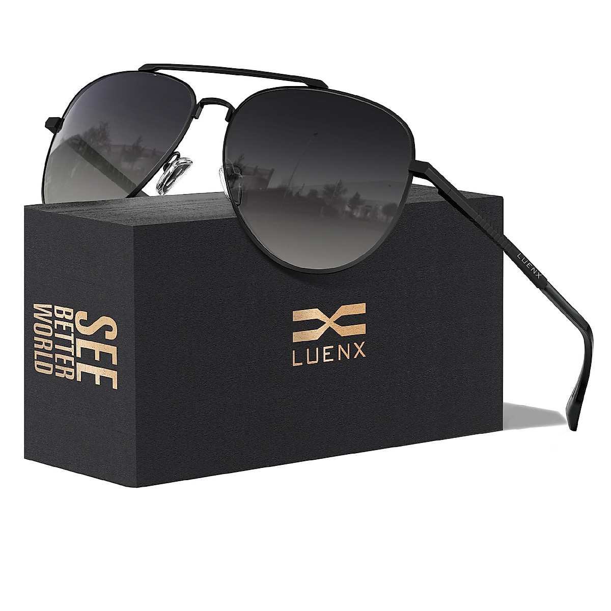 LUENX Aviator Sunglasses for Mens Womens Polarized Driving Eyewear Gradient Black Lens Metal Black Frame 60mm UV400 Protection Classic Style