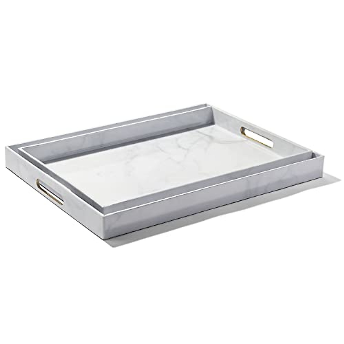 American Atelier Set of 2 Marble Finish Rectangular Serving Tray with Gold Trim Handles- Indoor & Outdoor Platter for Home Entertaining, Cocktails, Snacks, Barware, Perfume (Large 19x14, Small 18x12)