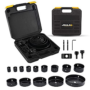 Hole Saw kit, Jellas 20PCS Hole Saw Set with 14Pcs Saw Blades, General Size 3/4" to 5", 2 Mandrels with Drill Bits, 1 Installation Plate, 1 Hex Key, 1 Storage Case, Ideal for Wood, PVC Board, Plastic