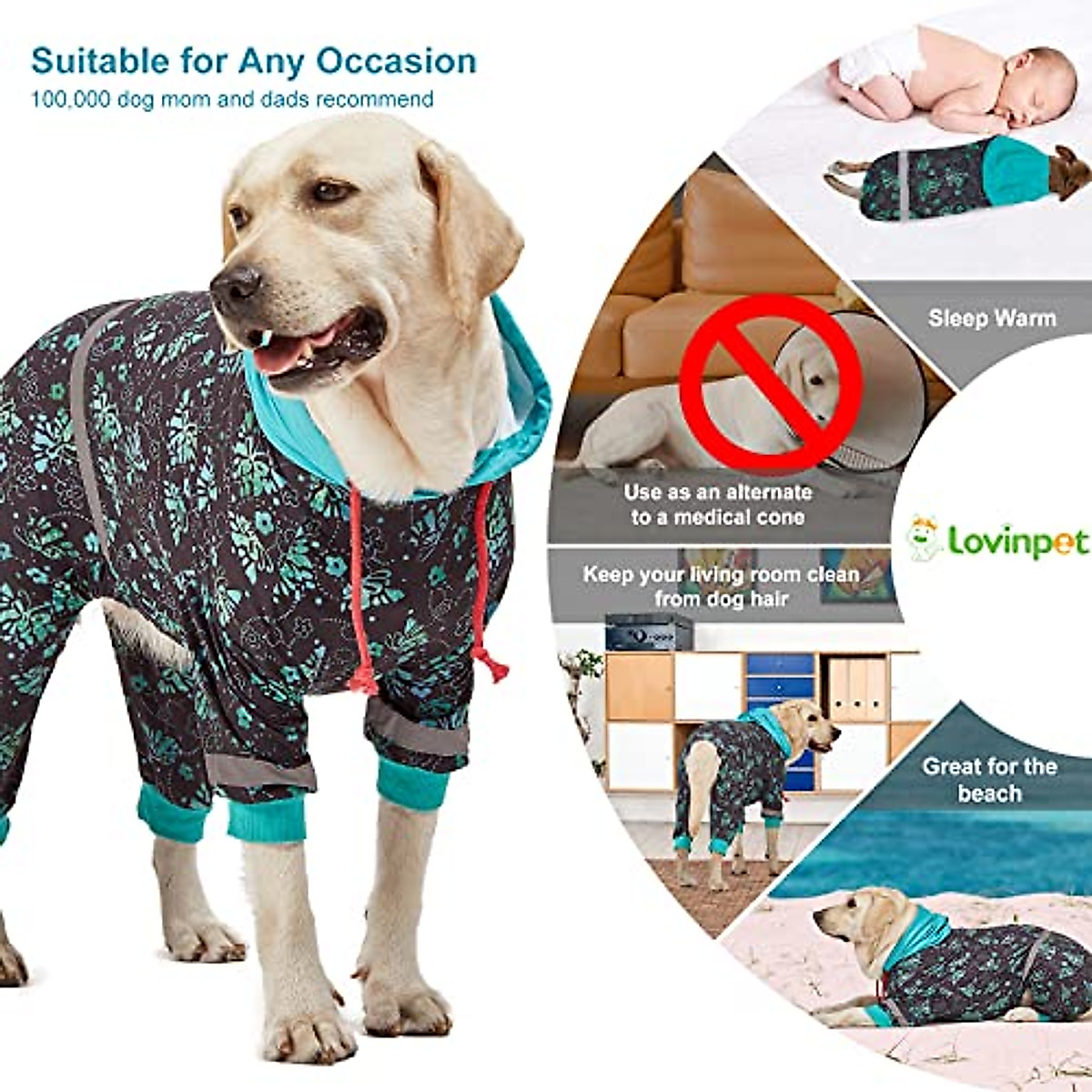 LovinPet Large Breed Dog Onesie Pajamas - UV & Wound Care, Dog Anxiety Relief, Dog Jammies, Reflective Stripe, Butterflies and Rings Black/Green Print, Post Surgery Pet PJ's/Large
