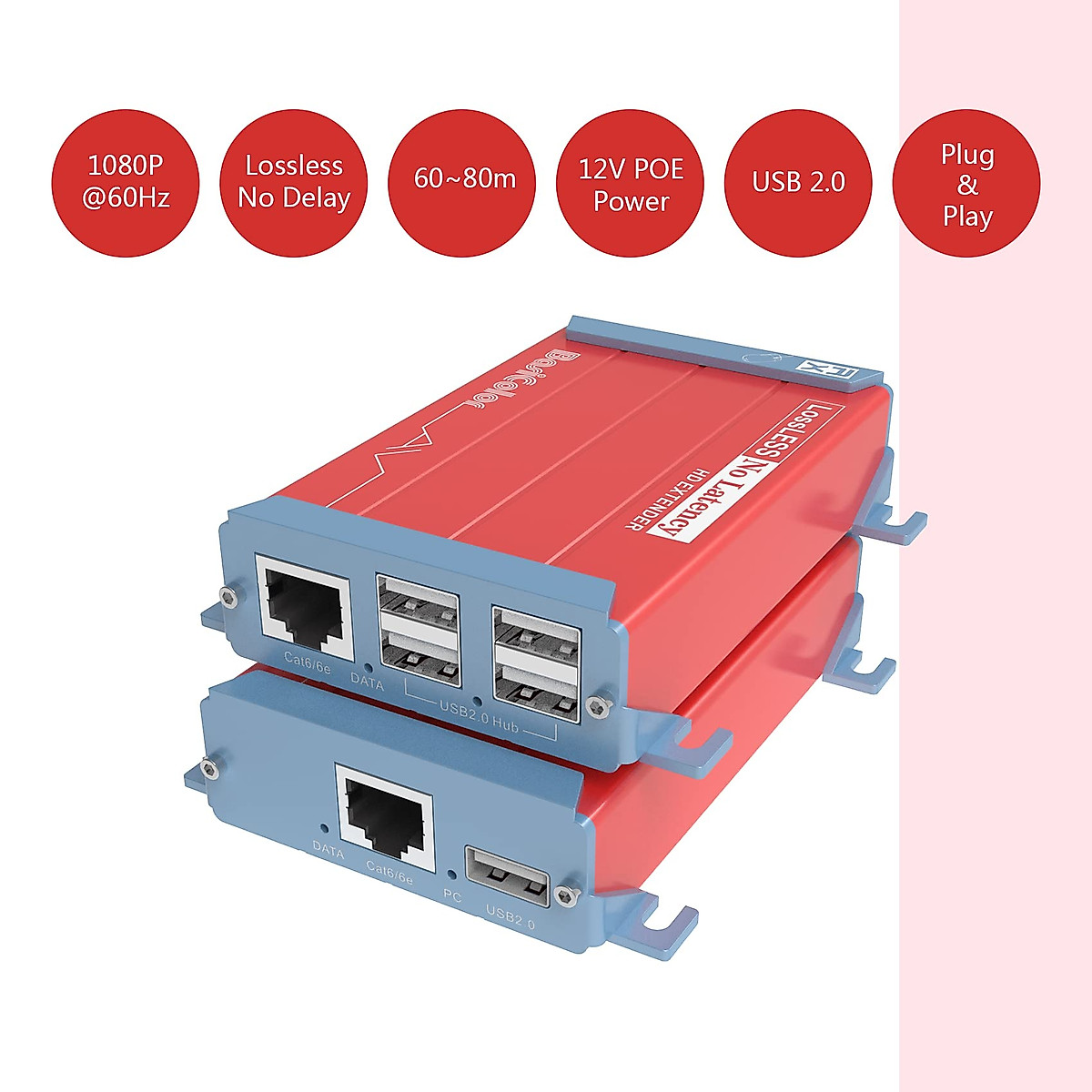 Basicolor HDMI USB Extender 4 USB2.0 Ports KVM Extender Over Cat6/Cat6e Up to 262Ft(80m), HD 1080P Video Transmit Lossless and Near Zero Latency, POC HDMI KVM Extender Plug&Play HDMI to RJ45