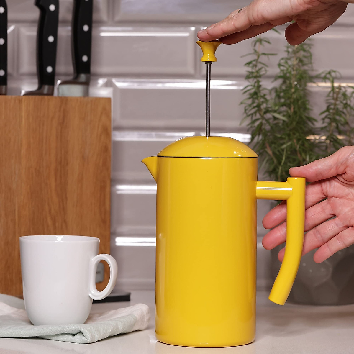 Frieling Double-Walled Stainless Steel French Press Coffee Maker, Sunshine Yellow, 34 fl oz.
