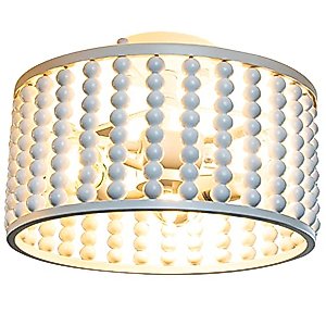 Wood Beaded Chandelier,Boho Farmhouse Light Fixture,Oak White,3 Lights,Semi Flush Mount Ceiling Light Fixtures for Hallway Baby's Nursery Bedroom Kitchen Living Room