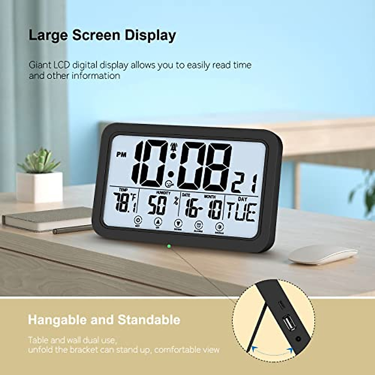 Digital Clock, Digital Wall Clock Battery Operated, Clocks with Large Display, Alarm Clock with Backlight, Desk Clock with Temperature Humidity Day Date for Bedroom Living Room Office (Black)
