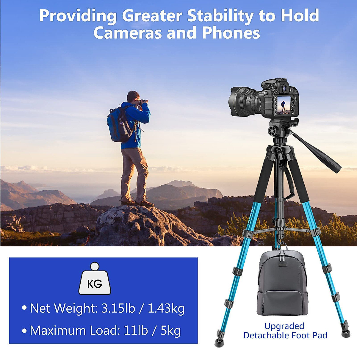 Aureday 74’’ Camera Tripod with Travel Bag,Cell Phone Tripod with Wireless Remote and Phone Holder, Compatible with DSLR Cameras,Cell Phones,Projector,Webcam,Spotting Scopes(Blue)
