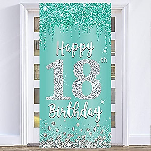 Luxiocio Teal Silver 18th Birthday Decorations Door Banner for Girls, Breakfast Blue Happy 18 Cover Backdrop Party Supplies, Eighteen Year Old Photo Booth Background Decor Outdoor Indoor