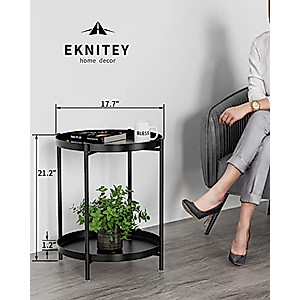 EKNITEY 2 Tier End Table - Metal Side Table Waterproof Small Sofa Coffee Side Tables Bedroom Indoor Outdoor with Removable Tray for Living Room Bedroom Balcony and Office (Black)