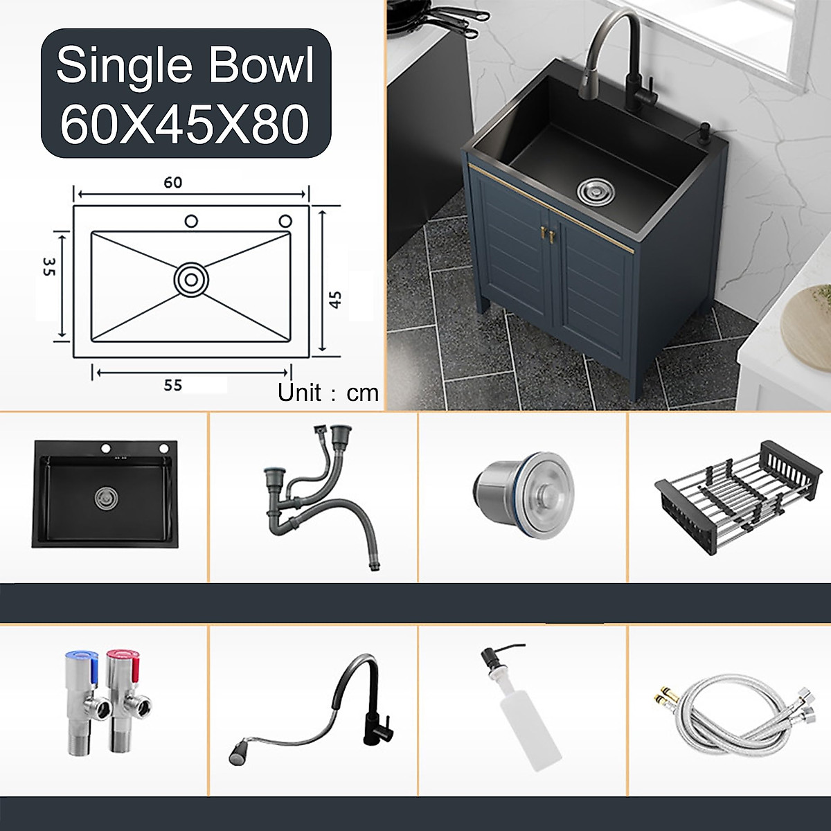Stainless Steel Utility Kitchen Sink with Cabinet,Outdoor Sink Station,Single/Double Bowl Kitchen Sink Cabinet,Laundry Sink with Cabinet,with Pull-Out Faucet,Soap Dispenser,Drain Basket,Drainer ( Siz