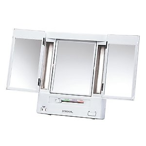 JERDON Tri-Fold Two-Sided Makeup Mirror with Lights - Vanity Mirror with 5X Magnification & Multiple Light Settings - White Base - Model JGL9W