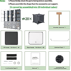 20 Storage Cubes Cabinet Cube Storage Organizer Portable Wardrobe Cube Shelves with Doors DIY Cube Organizer Storage System for Bedroom, Living Room, Office, Gray&White
