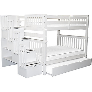 Bedz King Stairway Bunk Beds Full over Full with 4 Drawers in the Steps and a Twin Trundle, White