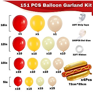 Woaipati Cute Hot Dog Balloon Garland Arch Kit，151PCS Red and Yellow Balloons, Creative Theme for Baby Shower Gender Reveal Boy Girl Birthday Cookout Fast Food Snacks Themed Party Decorations