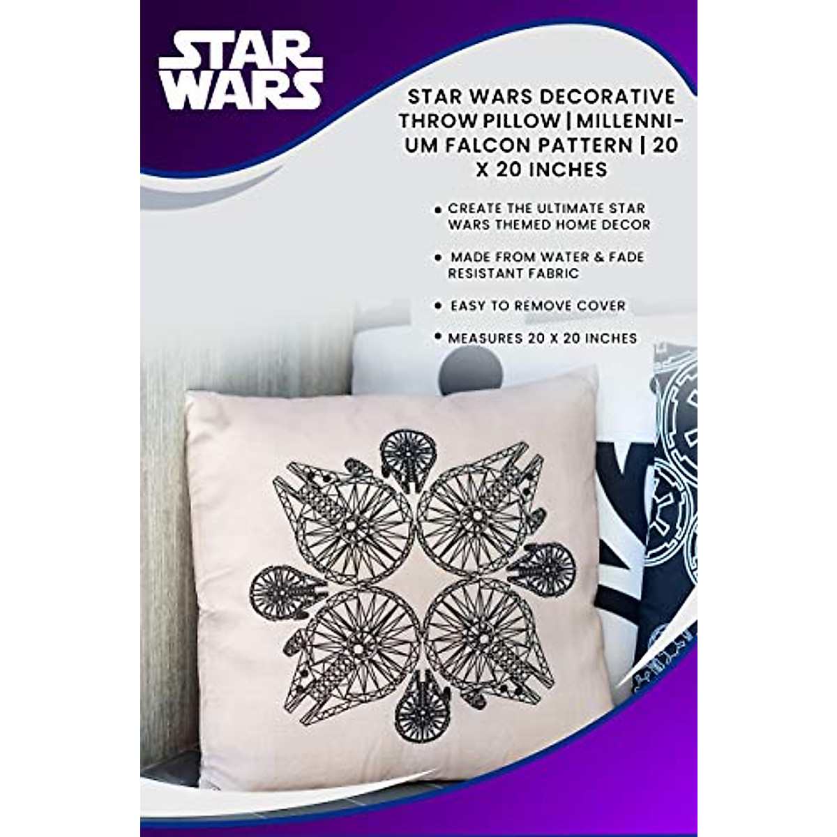 Star Wars Tan Throw Pillow | Black Millennium Falcon Pattern Design | Water & Fade Resistant Fabric For Indoor & Outdoor Use | 20 x 20 Inches