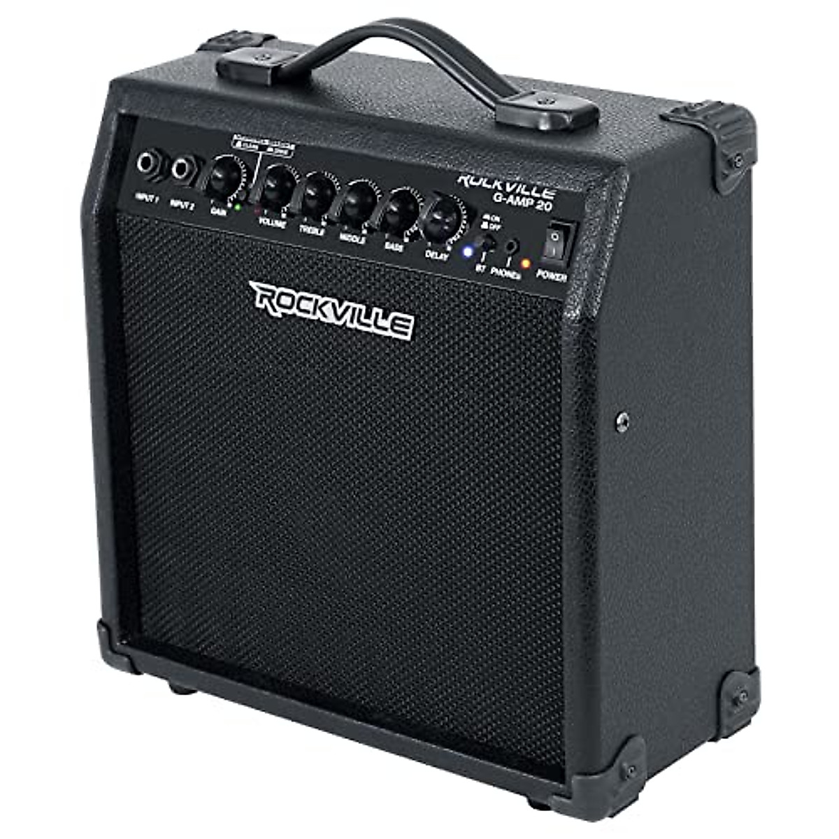 Rockville G 20 Watt Guitar Amplifier Dual Input Combo Amp Bluetooth/Delay, Black