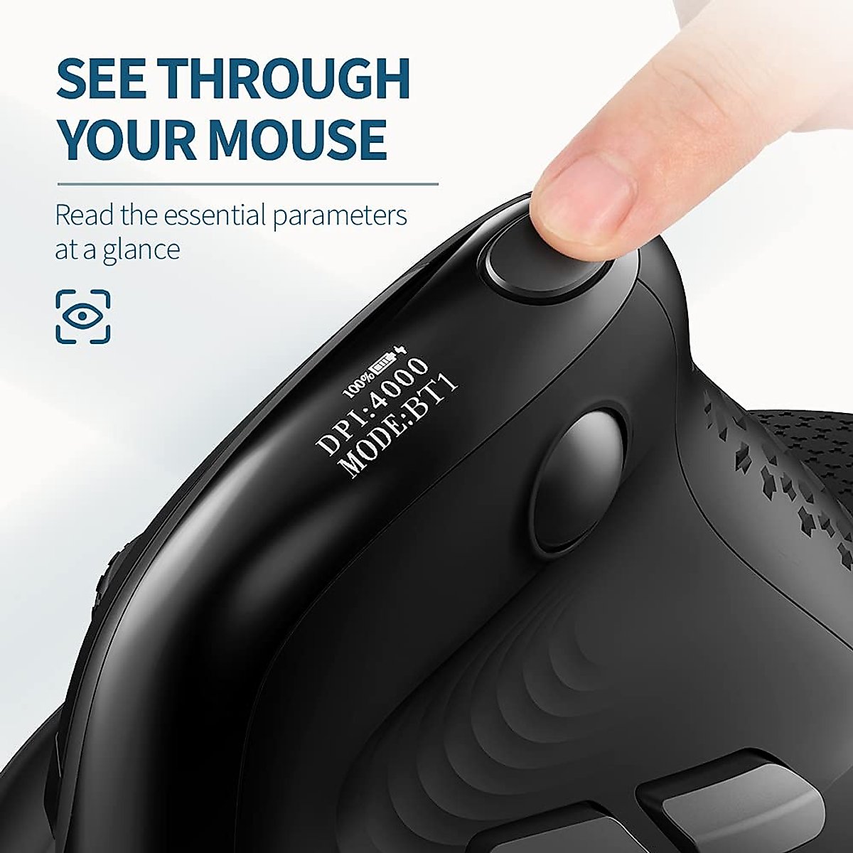 DeLUX Seeker Wireless Ergonomic Vertical Mouse with OLED Screen, BT and USB Receiver, Connect with Up to 4 Devices, Thumb Wheel, 4000DPI, Programmable Rechargeable Silent Mouse(M618XSD-Black)