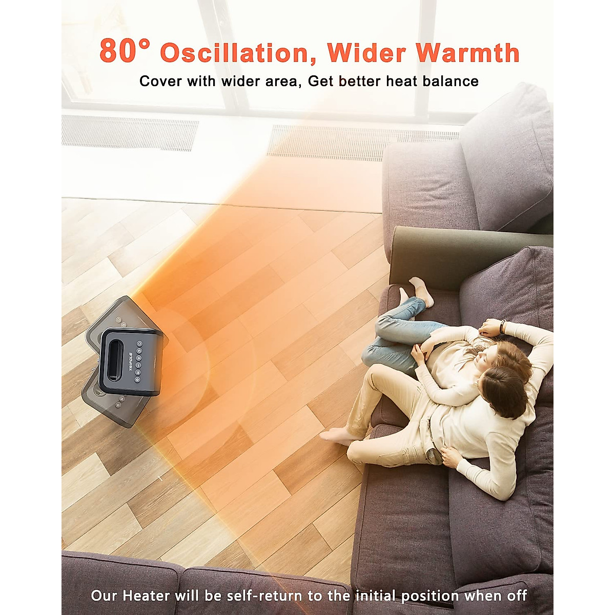 TriPole Space Heater Portable Electric Heater with Thermostat, 80° Oscillating Small Space Heaters for Indoor Use, 1500W Fast Heating PTC Ceramic Heater for Bedroom Office Desk, 1-12H Timer, ECO Mode