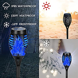 AOUNQ Solar Lights Outdoor Waterproof Blue, Upgraded 4 Pack Solar Torch Lights with Flickering Flame, Mini Solar Outdoor Garden Lights Tiki Torches for Outside Patio Yard Pathway Christmas Decor