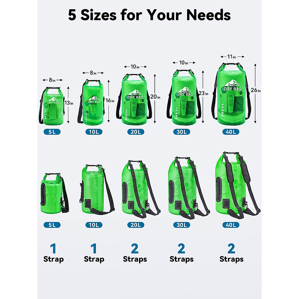 HEETA Waterproof Dry Bag for Women Men, Roll Top Lightweight Dry Storage Bag Backpack with Phone Case for Travel, Swimming, Boating, Kayaking, Camping and Beach, Transparent Green 20L