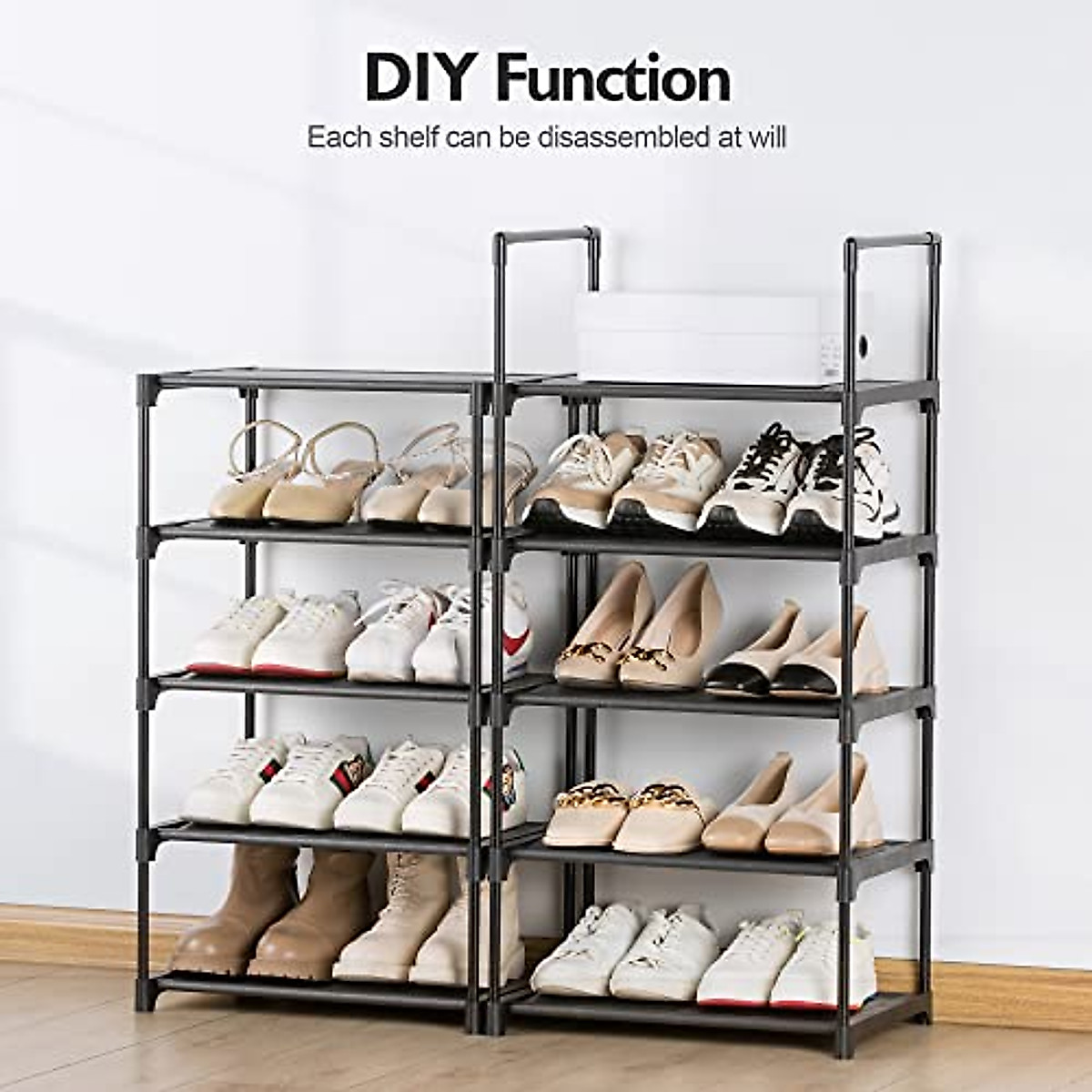HODYANN 10 Tiers Shoe Rack, 20 Pairs Narrow Shoe Rack Organizer, Space Saving Non-Woven Fabric Metal Shoe Shelf, Stackable Large Shoe Rack for Closet (Black-N)