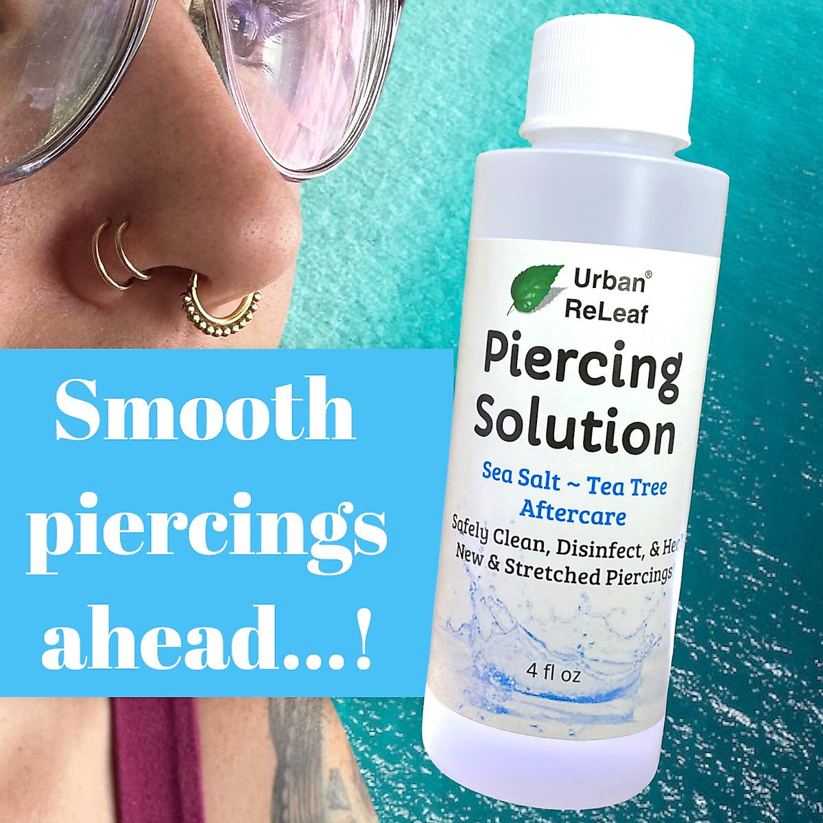Urban ReLeaf Piercing Solution ! Soothing Sea Salts & Tea Tree AFTERCARE 4 oz, Ready to use. Safely Clean and Calm New & Stretched Piercings. Gentle Effective Natural & Proven. Works Fast