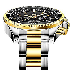 OLEVS Black Gold Watches for Men Classic with Date Business Dress Chronograph Big Face Reloj para Hombre Waterproof Luminous Mens Wrist Watch Analog Party Fashion Stainless Steel Man Watch