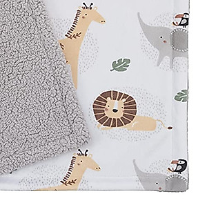 NoJo Jungle Trails Grey, Gold, Green, and White Super Soft Animal Print Sherpa Backed Baby Blanket