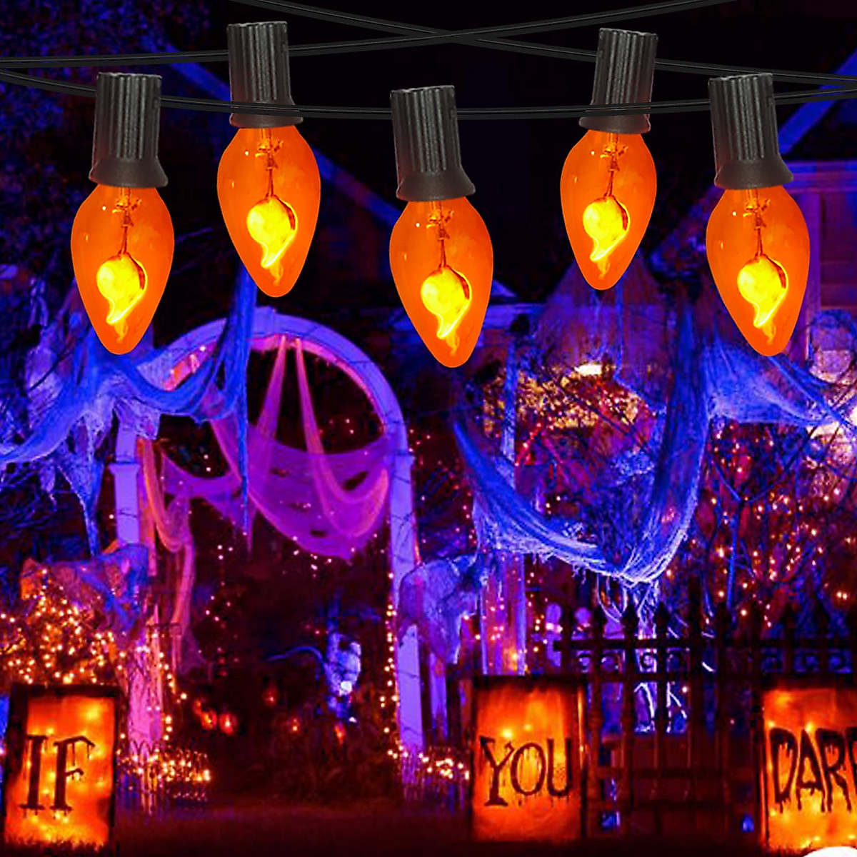 C7 Flickering Flame Light Bulbs, 12 Pack Orange Flickering Light Bulbs E12 Candelabra Base Light Bulbs, 1 Watt Edison Light Bulb for Chandelier Night Light Candle Lamp Christmas Halloween Decoration