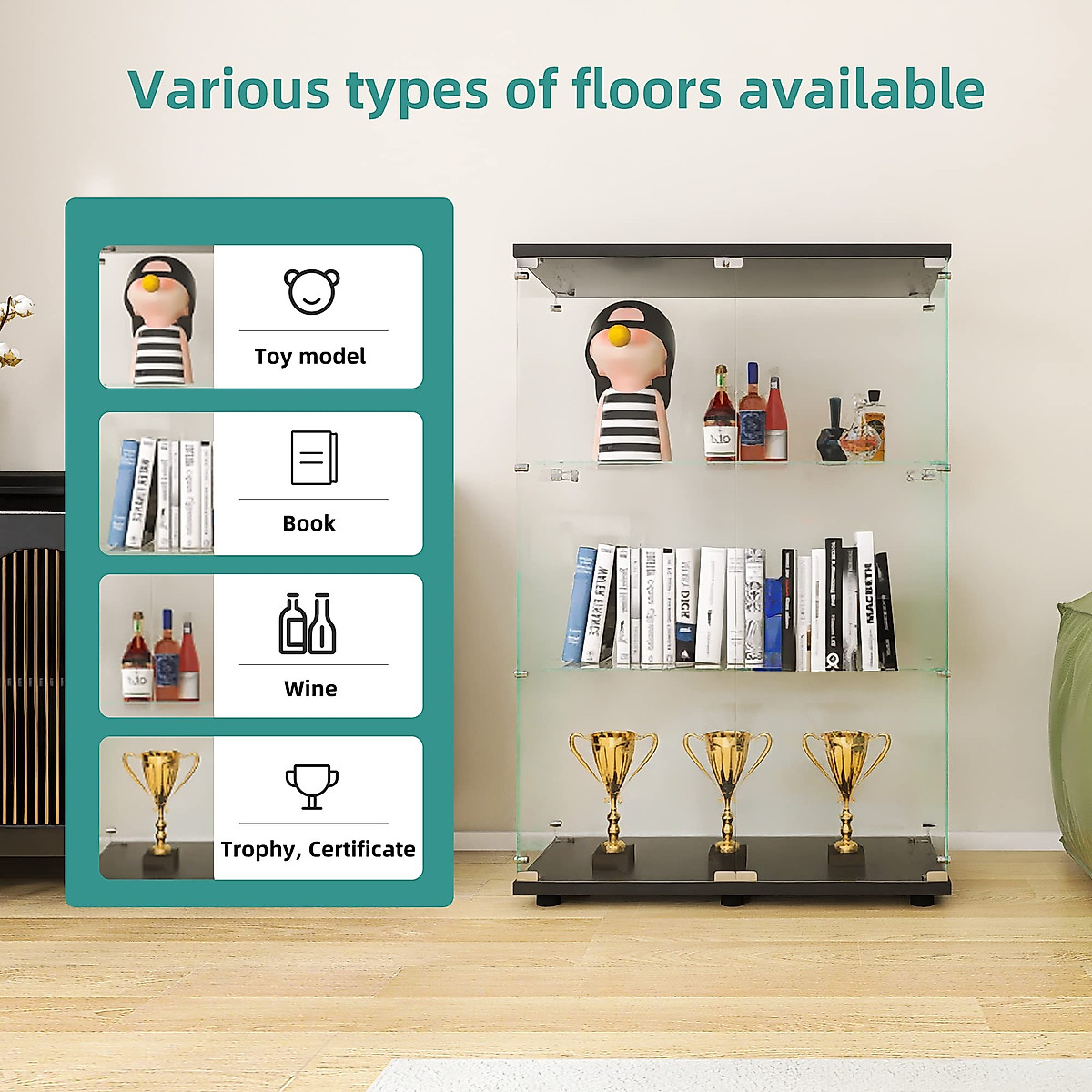 LFT HUIMEI2Y Glass Display Cabinet 3-Shelf with Double Door, Curio Cabinets Fast Installation in 30 Mins, 5mm Tempered Glass Floor Standing Bookshelf for Bedroom, Living Room 49.1”x 31.7”x 14.4” Black