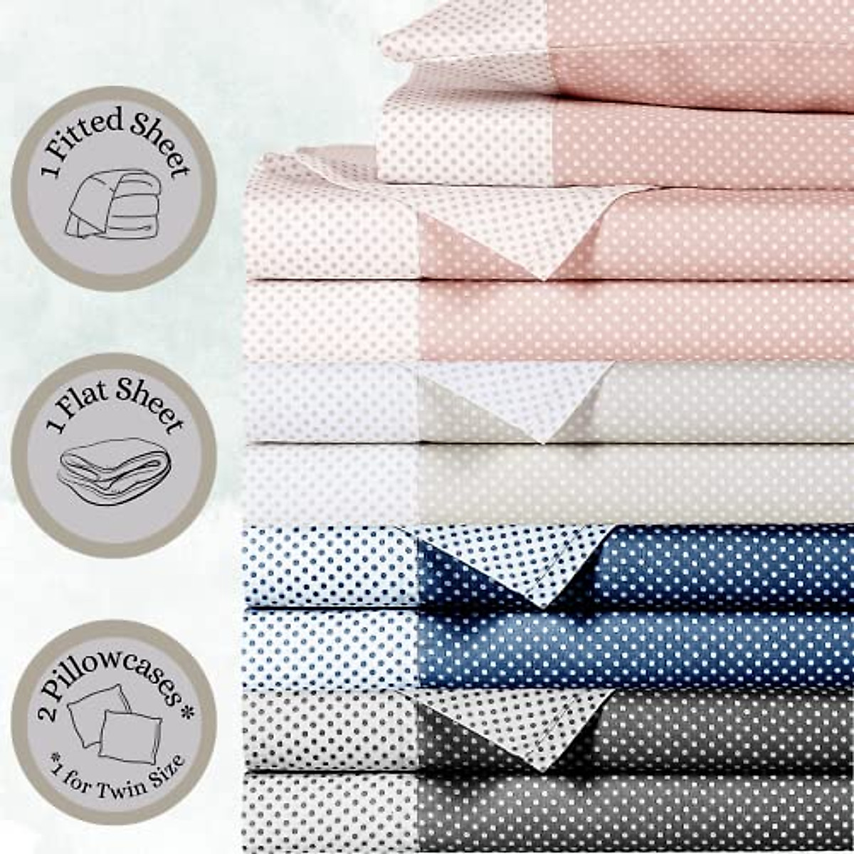 Anne Klein Westhill Dot, 100% Cotton Sateen Sheet Set, with Flat Sheet, Fitted Sheet, Pillowcases,Full, Black