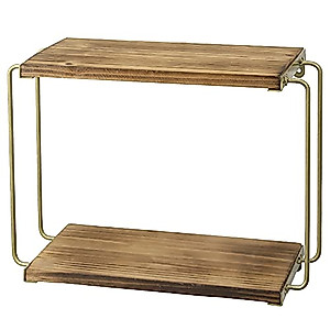 MyGift 2-Tier Burnt Wood Wall Mounted Display Shelves with Vintage Brass Metal Frame