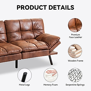 Hcore Convertible Futon Sofa Couch,3” Memory Foam Splitback Sofa,Brown Faux Leather Memory Foam Loveseat,Small Euro Lounger Sofa for Compact Living Spaces,Apartment,Studio,Office/Cushion Thickening