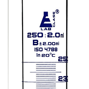 EISCO Graduated Cylinder, 250ml - Class B Tolerance ±2.00ml - Round Base - Blue Graduations - Borosilicate 3.3 Glass