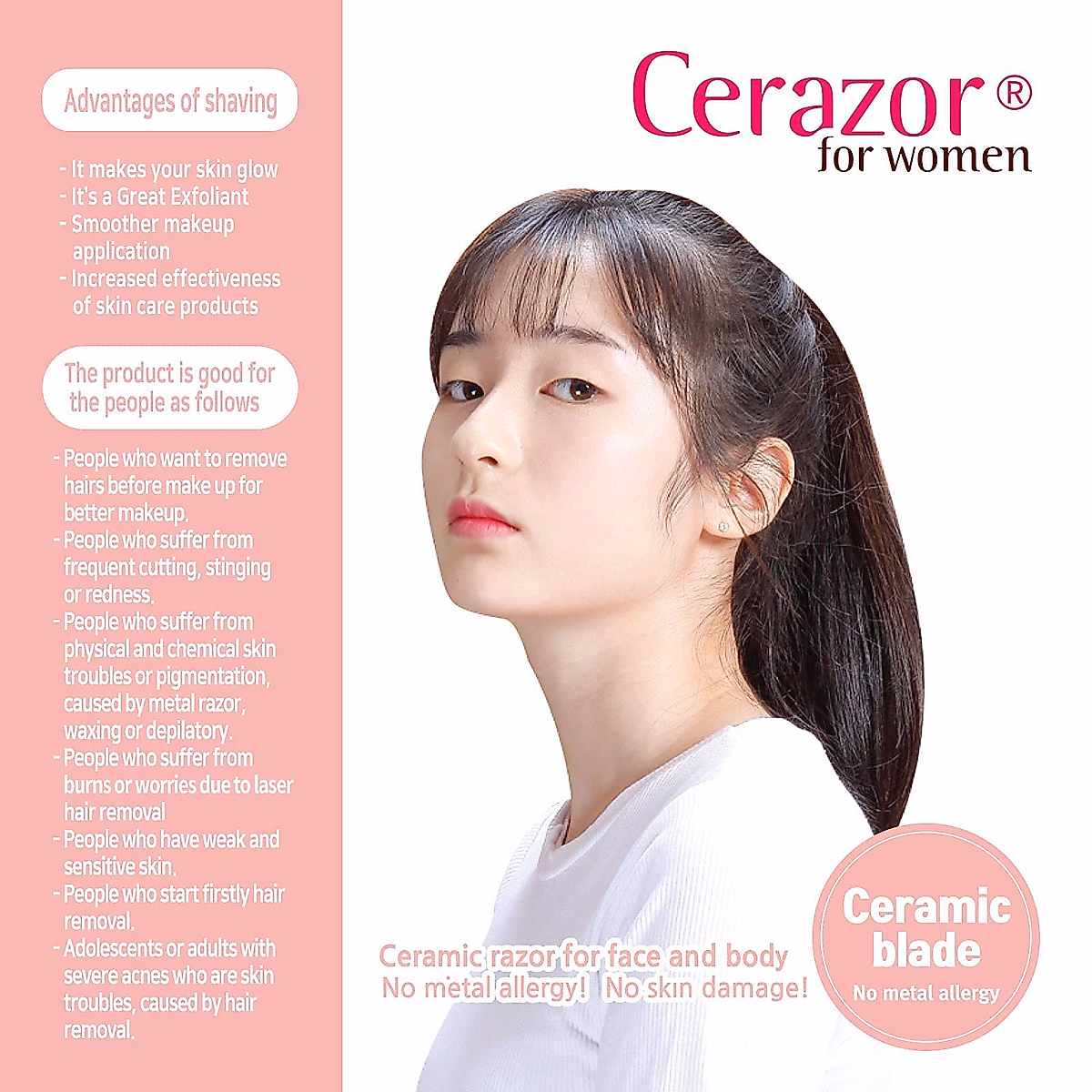 Cerazor, Sky Blue, Ceramic Razor for Women, Non-Metallic Ceramic Razor Blade, No Metal Allergy, No Skin Damages, Shaver.