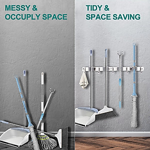 OCGIG 2 Pack Mop and Broom Holder, Wall Mounted Metal Hanger Organization Storage Heavy Duty Tool Organizer for Garage Home Kitchen Laundry Garden (4 Racks and 5 Hooks)