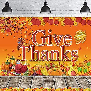 GIVE Thanks Extra Large Fabric Sign Poster Banner Backdrop for Thanksgiving Day Party Decorations with Pattern Pumpkin Maple Leaf Turkey Corn Fruit Welcome Autumn Hang Outdoor Indoor 43.3"x70.8"